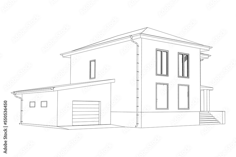 3D suburban house model. Drawing of the modern building. Cottage ...