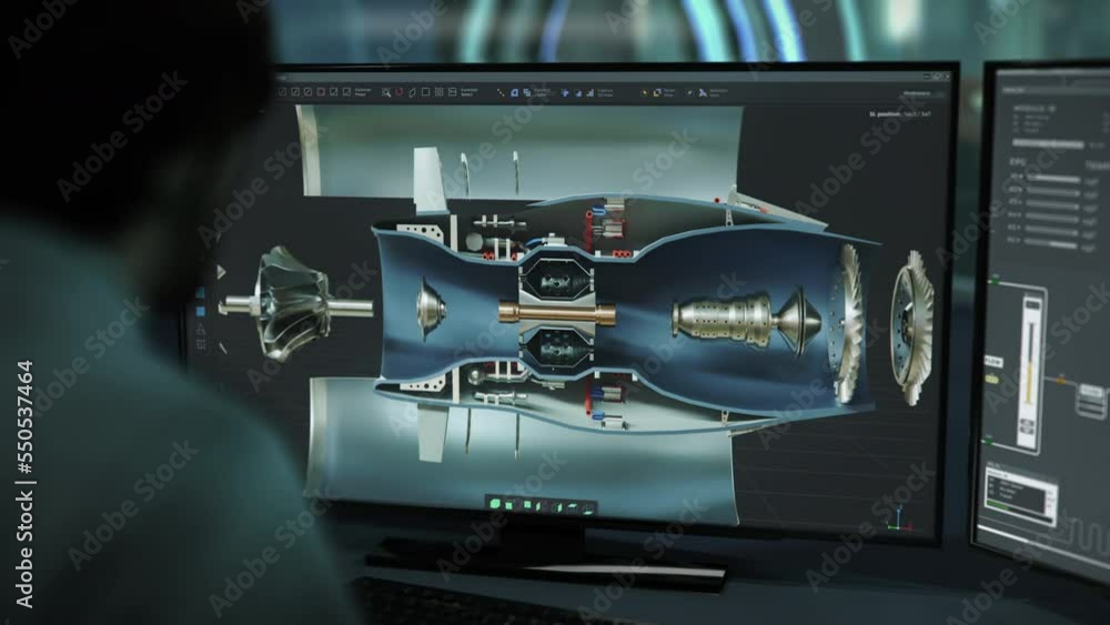 Specialist Observes 3d Model Parts Of Heavy Engine In Application For ...