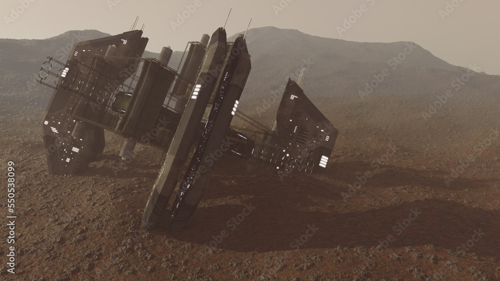 Rendering of a crashed alien space ship wreck on martian surface of the ...