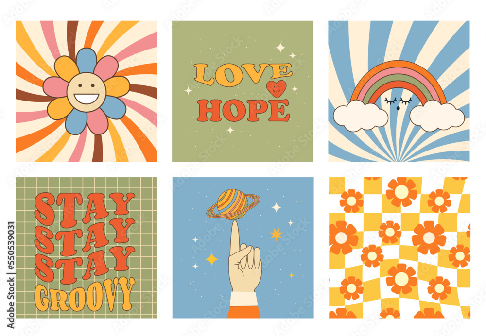 Retro groovy set card 60s-70s style. Daisy flowers, smile face ...