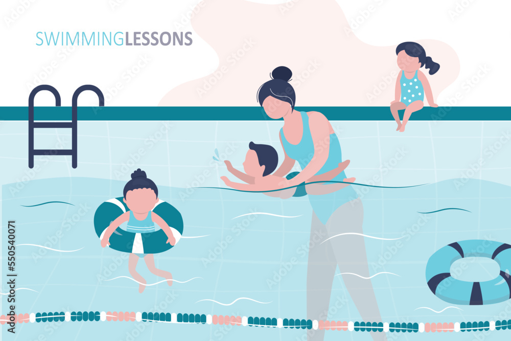 Coach woman teaching children, swimming class. School kids group in ...