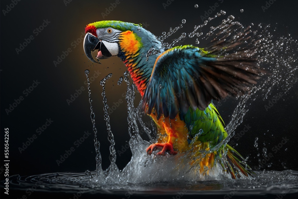 colorful parrot dive in the water, splashing, hunts, macaw, tropical ...