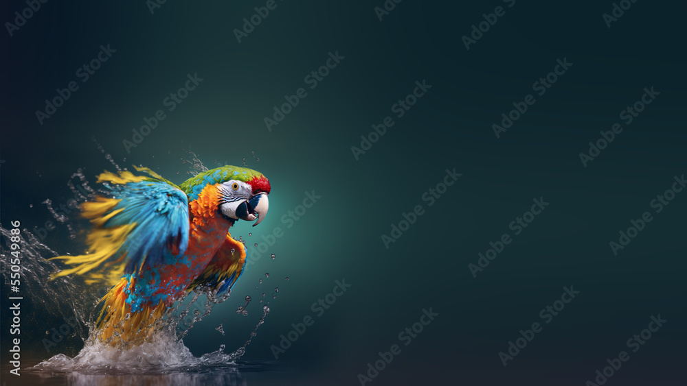 colorful parrot dive in the water, splashing, hunts, macaw, tropical ...