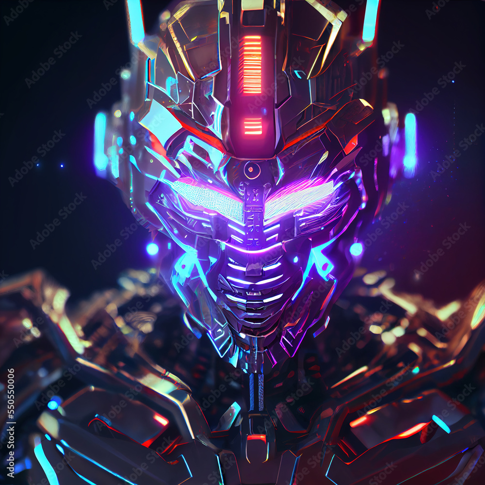 Detailed super robot with bright neon lights on black background ...
