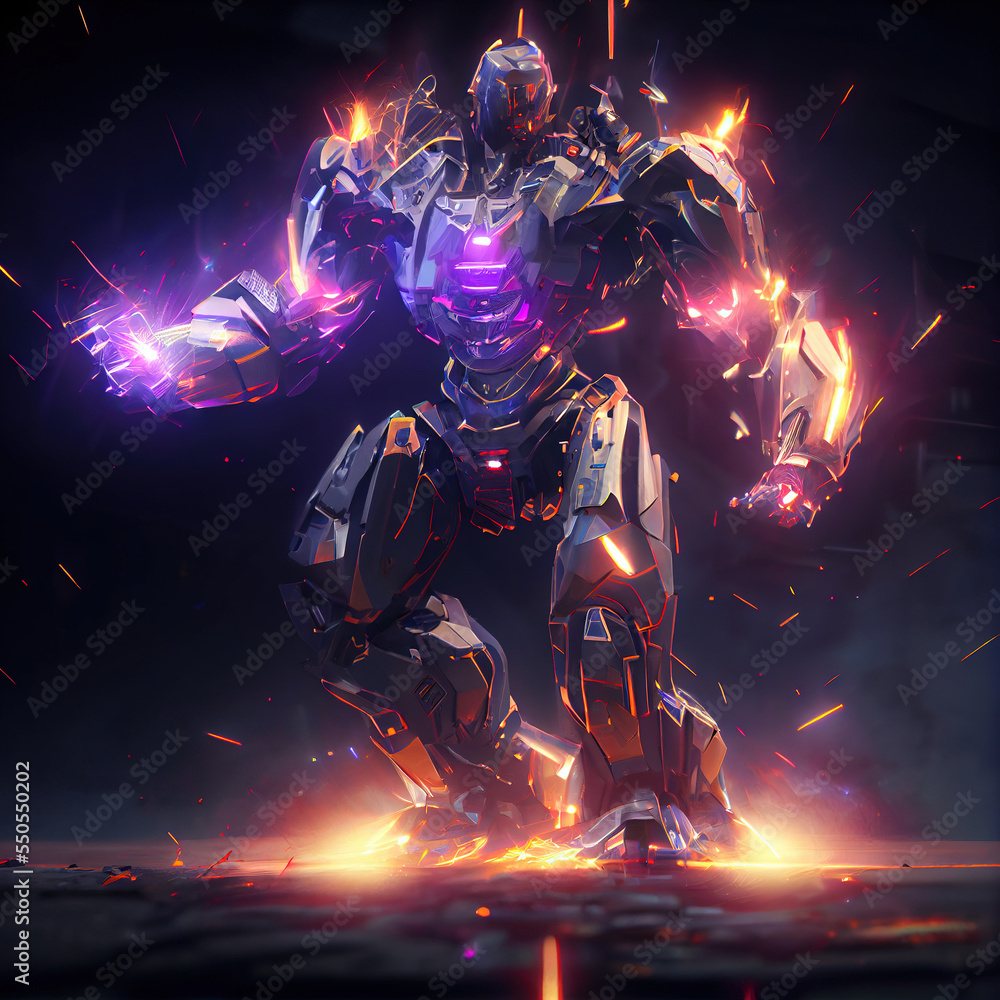 Detailed super robot with bright neon lights on black background ...