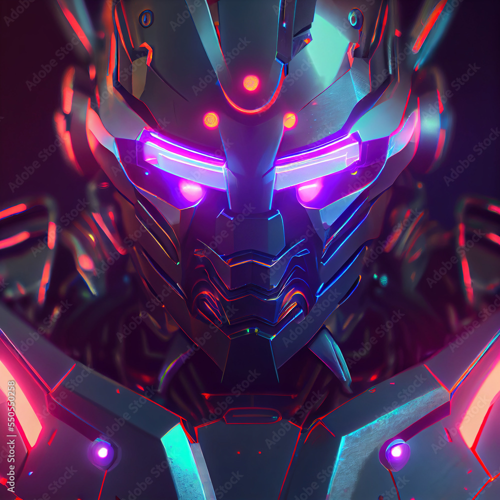 Detailed super robot with bright neon lights on black background ...