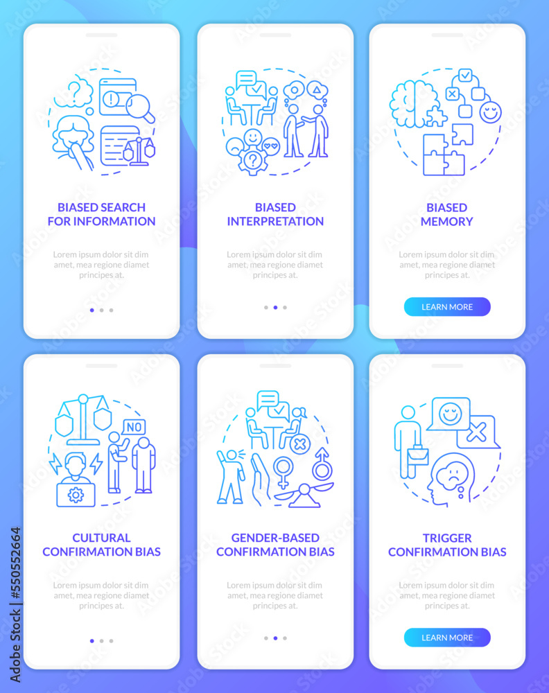 Confirmatory Bias Blue Gradient Onboarding Mobile App Screen Set Walkthrough 3 Steps Graphic
