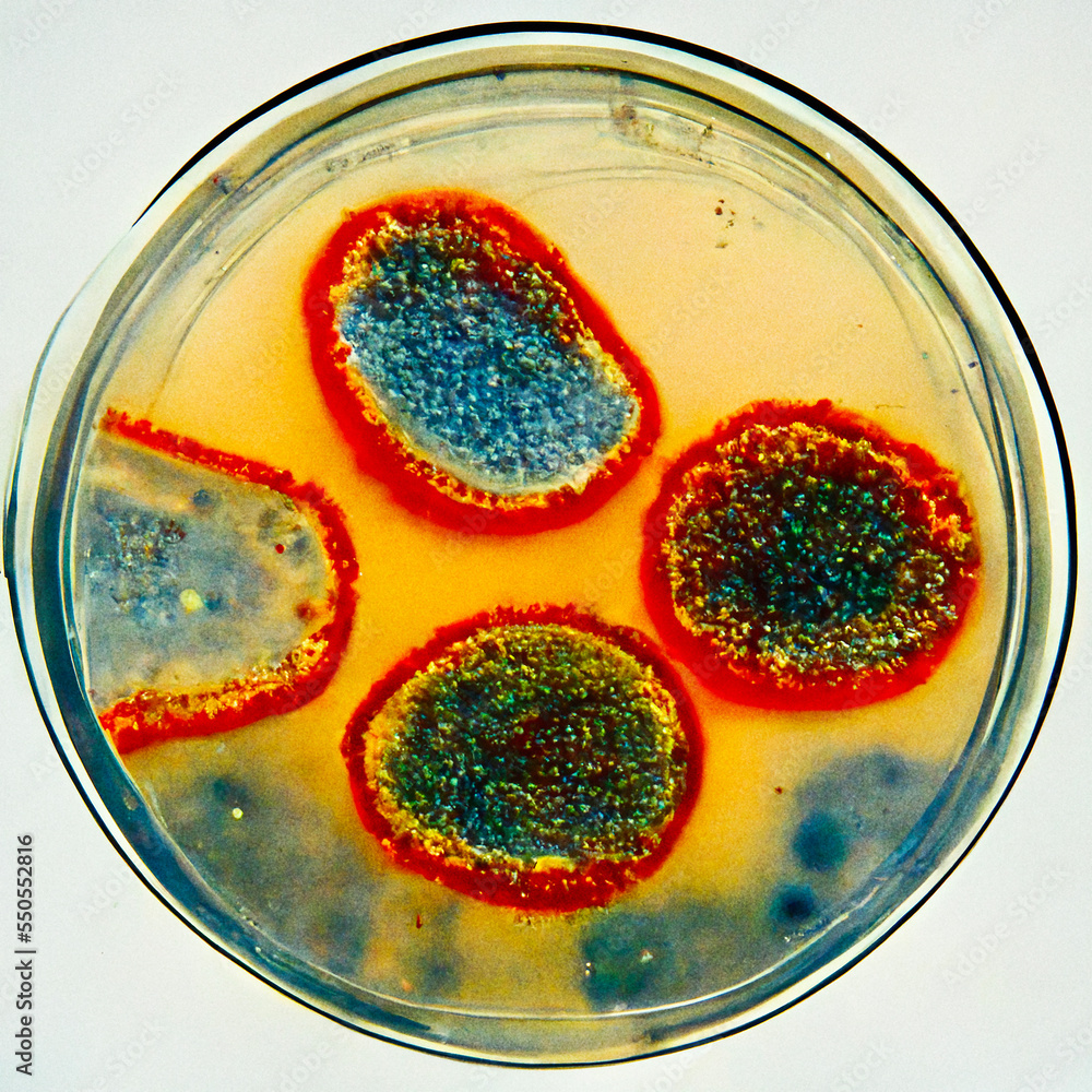 Bacteria cells growth in petri dish. microscope extreme close-up view ...
