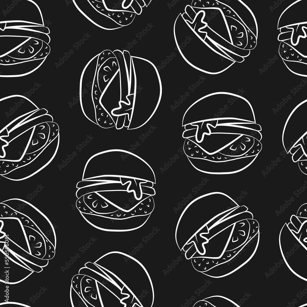 Doodle fast food burger linear seamless pattern. Chalkboard hand drawn ...