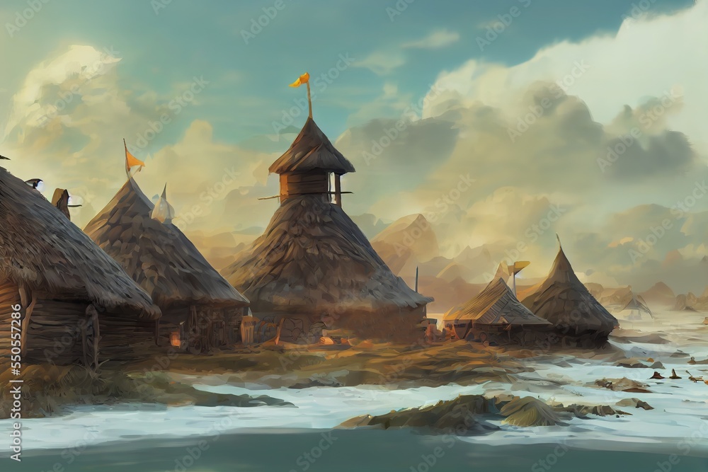 Viking Village on the Beach. Fiction Backdrop. Concept Art. Realistic ...