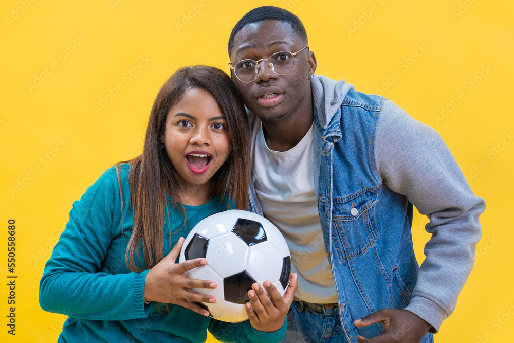 Excited young couple friends sport woman man football fans cheer up ...
