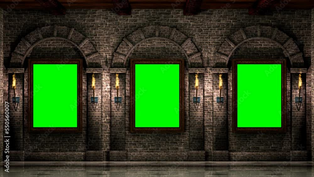 Wooden frames on stone wall with torches and green screen loop ...