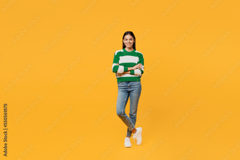 Full body confident happy young latin woman wear casual cozy green ...