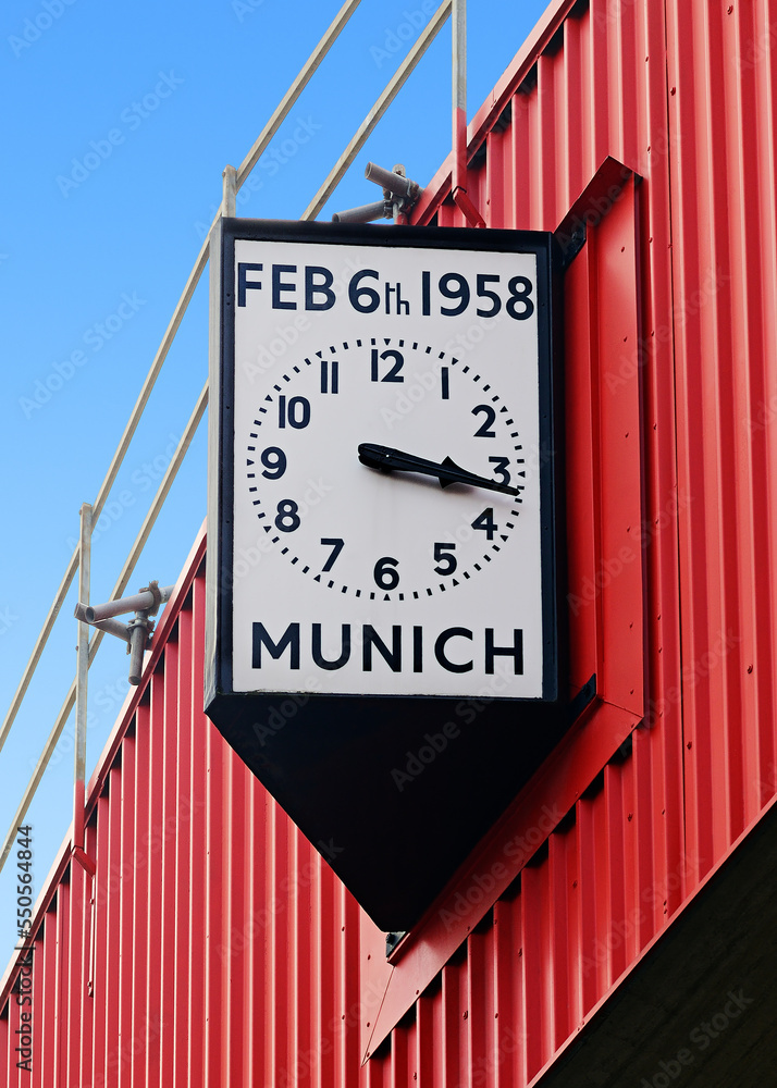 Munich Clock at the Old Trafford Stadium, showing the time and date of ...