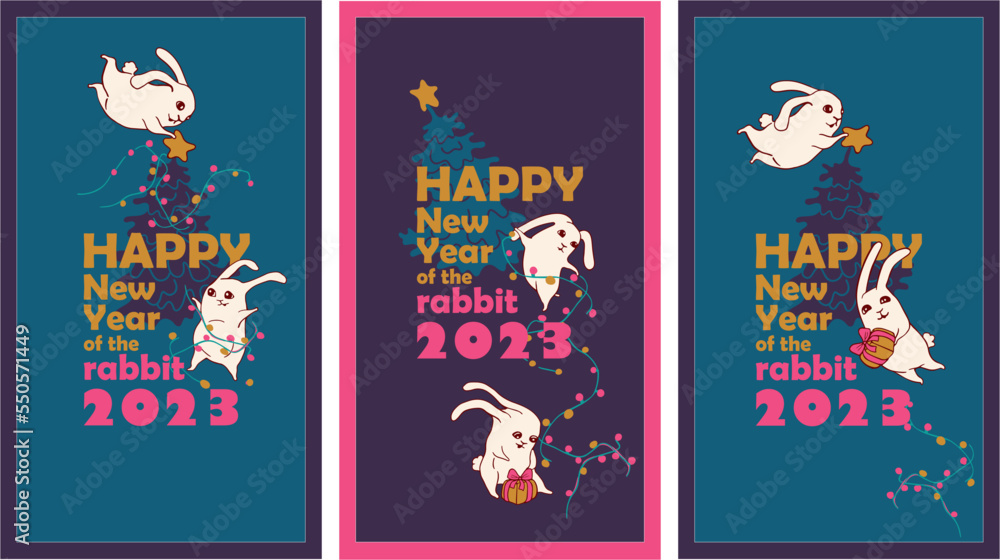 Series of postcards for the New Year of the Rabbit, 2023. Cheerful ...