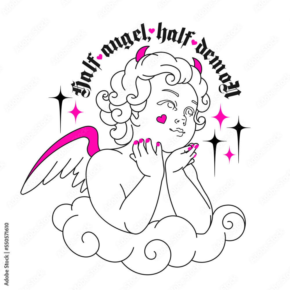 Black and pink print with Y2K Baby devil angel and slogan: Half angel ...