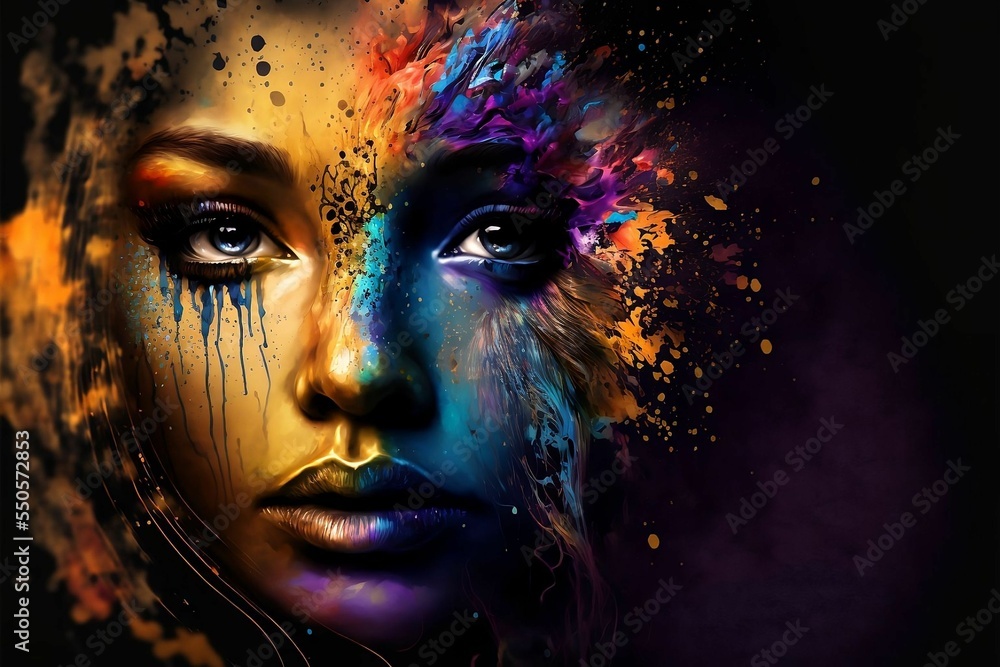 Abstract drawing of woman with colourful paint splatter exploding from ...
