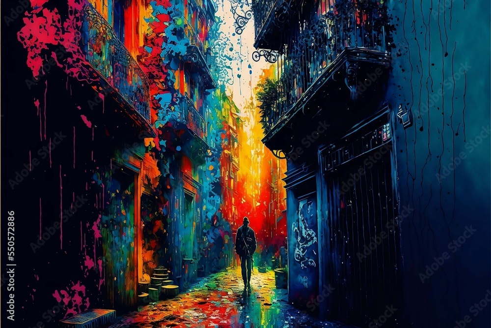 Abstract drawing of person in a street covered in colourful paint with ...