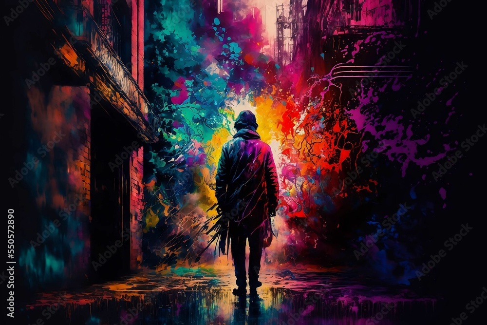 Abstract drawing of person in a street covered in colourful paint with ...