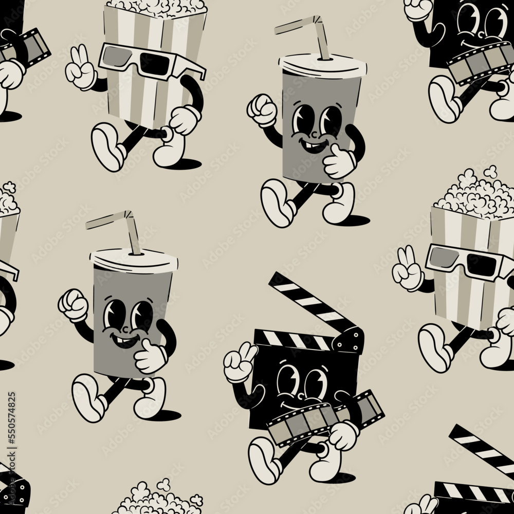 Popcorn, soda drink, clapperboard. Cute cartoon characters with hands ...