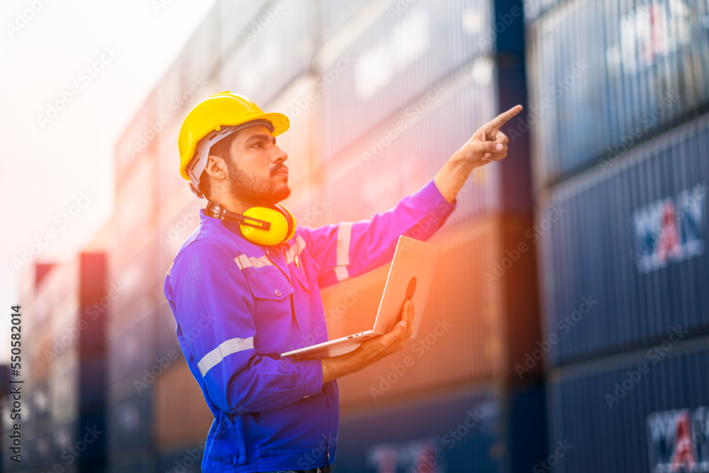 Foreman control loading containers box from factory to cargo freight ...