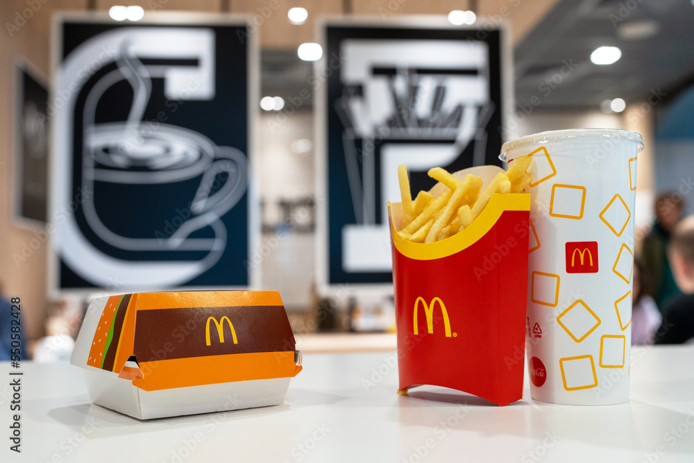Big Mac Box with McDonald's logo, French Fries and soft drink in ...