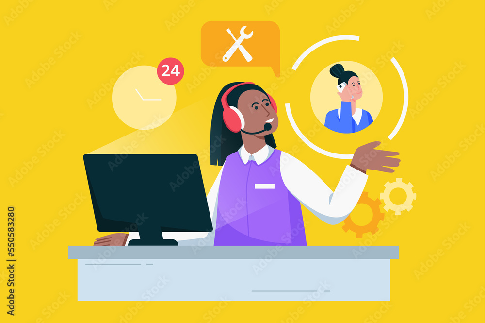 Call center and customer support modern flat concept. Woman operator in ...