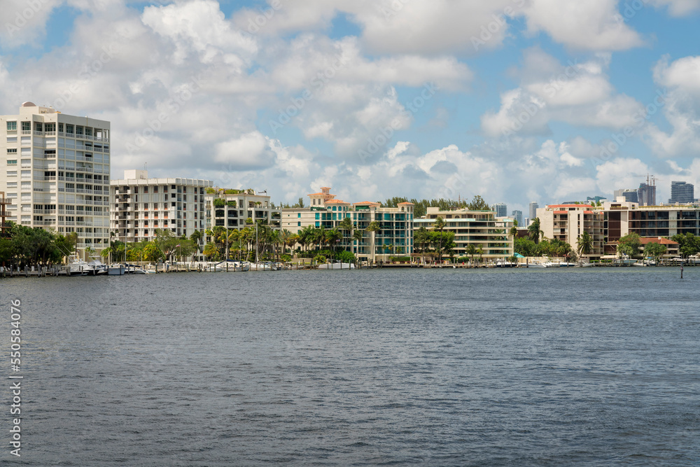 Modern residential buildings with oceanfront view at the bay in Miami ...