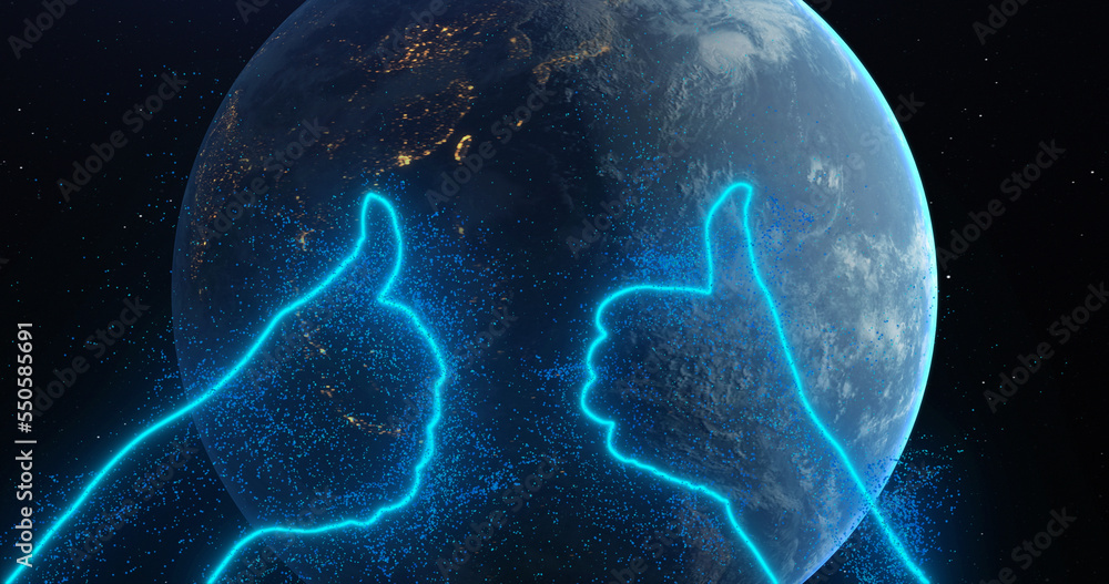 Blue hands showing like, thumbs up in space among zoom in planet earth ...