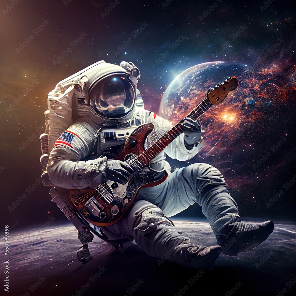 Astronaut playing guitar on the moon surface. Stunning photorealistic ...