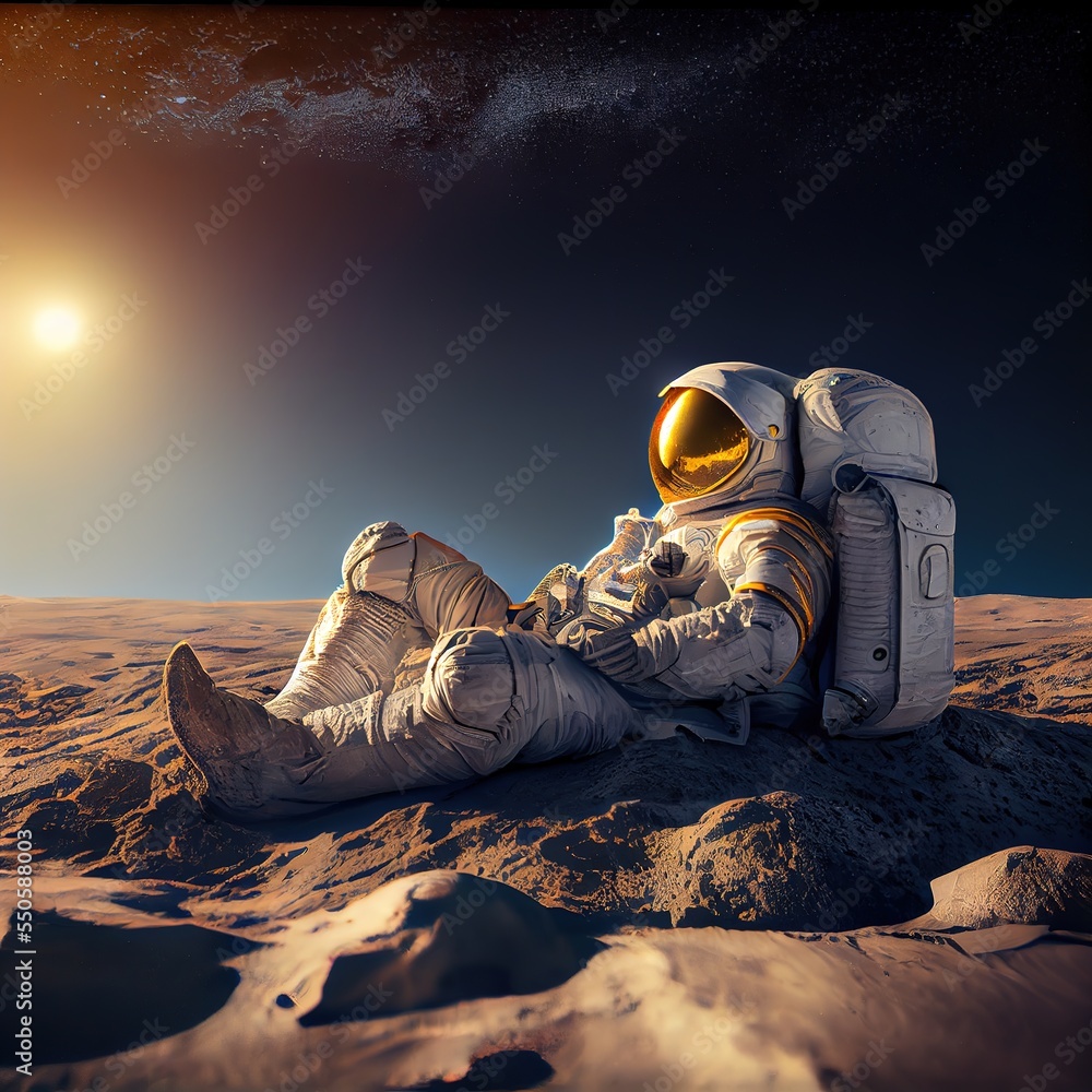 Astronaut sunbathing at the moon surface. Creative photorealistic ...
