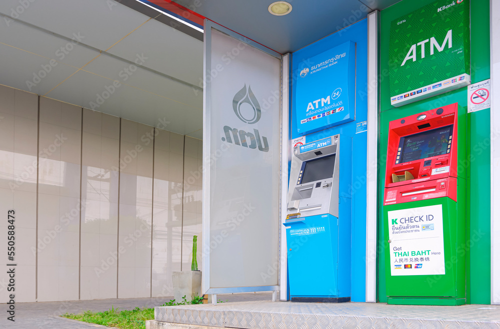 Samut Sakhon, Thailand - November 30,2022: Side view of 2 colorful ATM ...