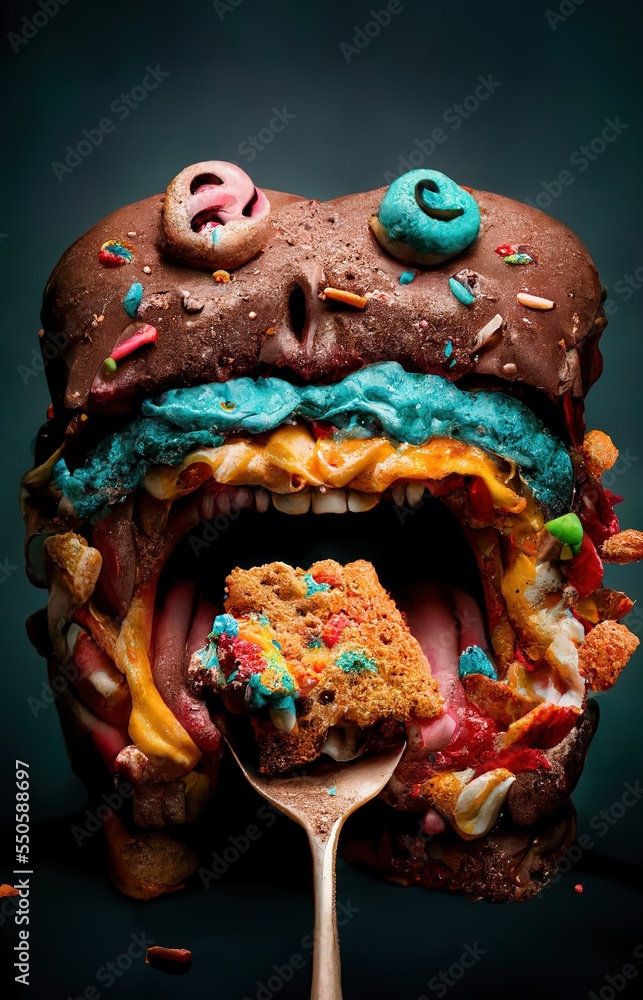 Food monster made with cakes and sweets. Unhealthy lifestyle concept ...