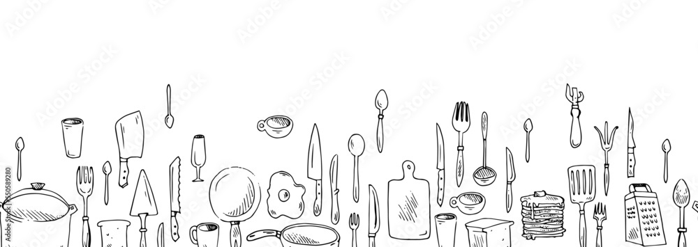 Kitchen tools for cooking. Bottom seamless border. Accessories, knives ...