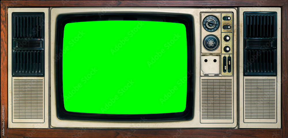 Front view, close-up, vintage old television with chroma key green ...