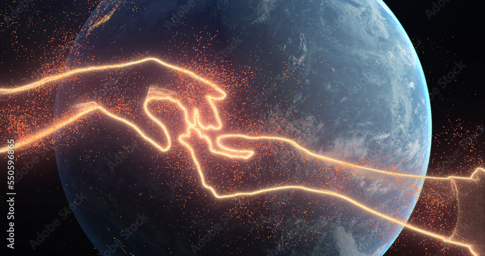 Touching with red funny fingers in space among zoom in planet earth ...