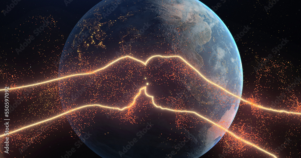 Two red fists collide, bumping in space among zoom in planet earth ...