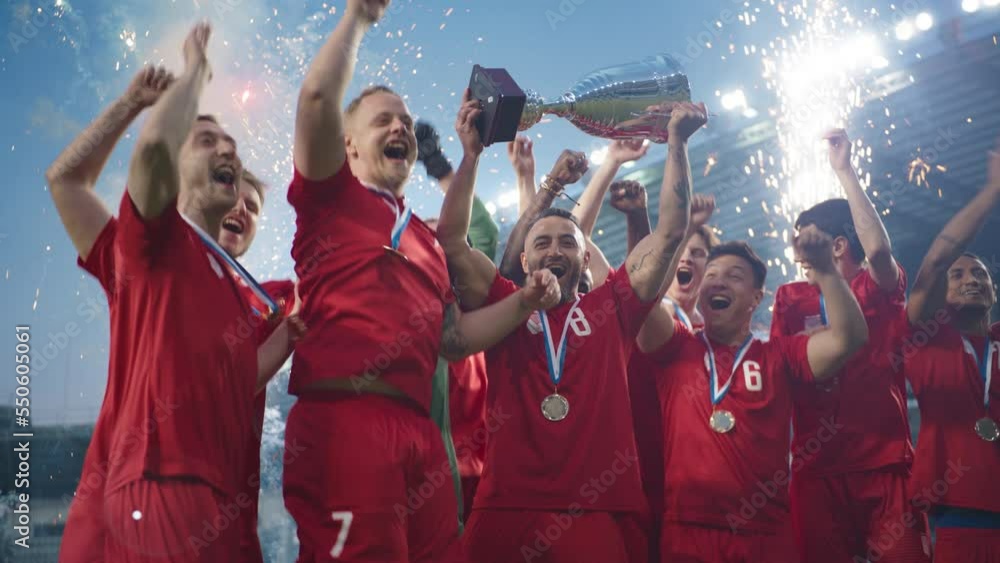 Football Finals Tournament Winning Team Celebrates Victory Cheering and ...