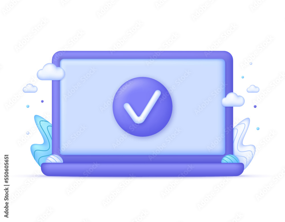 3D Computer and check mark icon. Approved icon. File, checklist ...