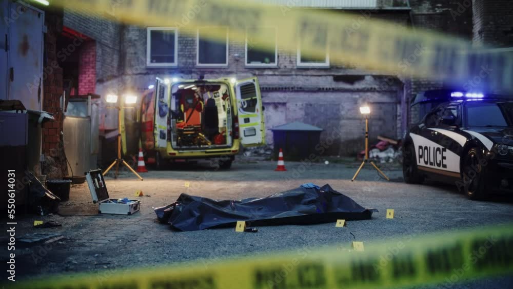 Night Establishing Shot: Empty Crime Scene in Back Alley. Covered ...