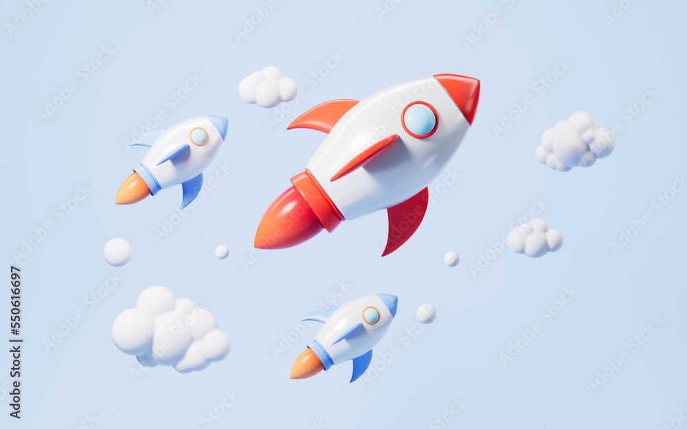 Cartoon rocket launching scene on the blue background, 3d rendering ...