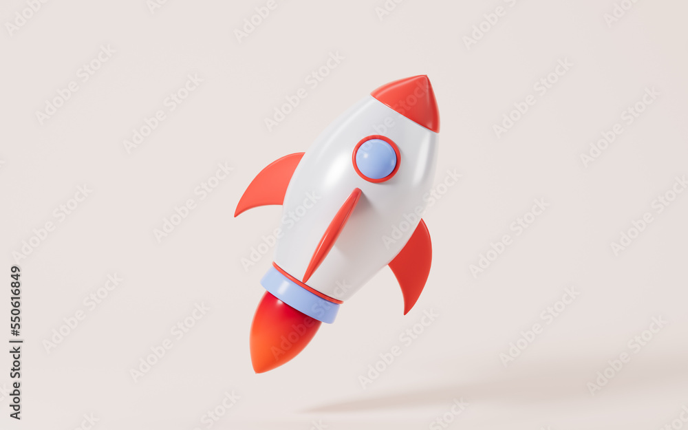 Cartoon rocket launching scene on the yellow background, 3d rendering ...