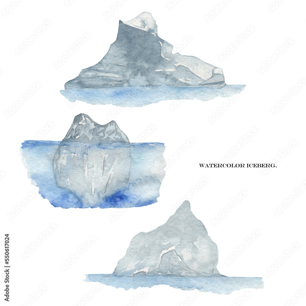 Abstract landscape with iceberg set. Watercolor hand drawn illustration ...