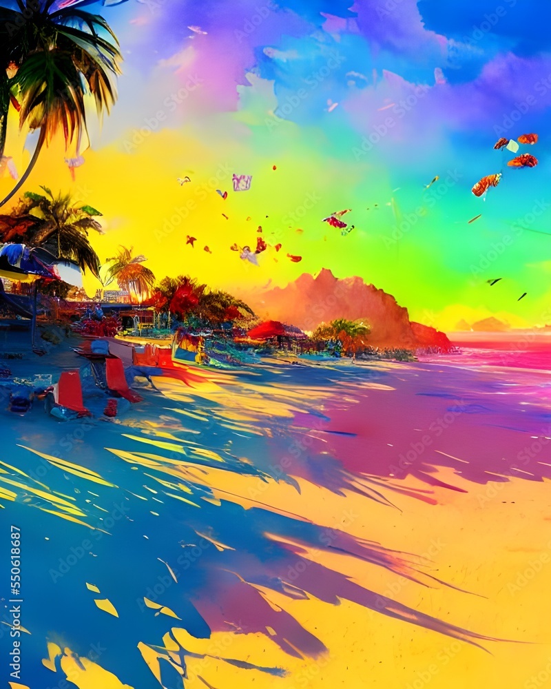 The watercolor is of a beautiful beach scene. The colors are so vibrant ...