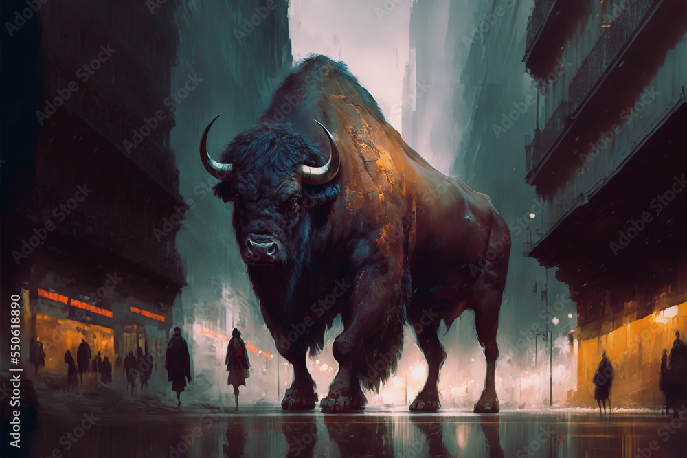 Giant Bison walking in the city. Stock Illustration | Adobe Stock