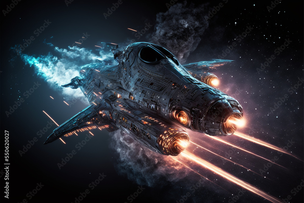 Spaceship going Hyper speed in Outer Space, Spacecraft Illustration ...