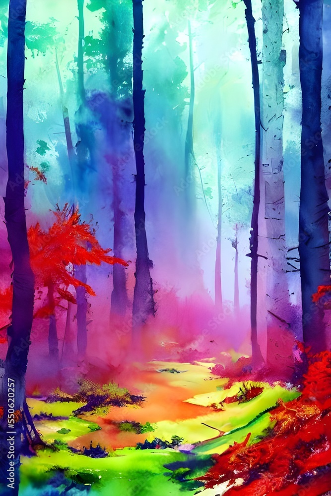 In this watercolor painting, a dense forest of tall trees is abuzz with ...