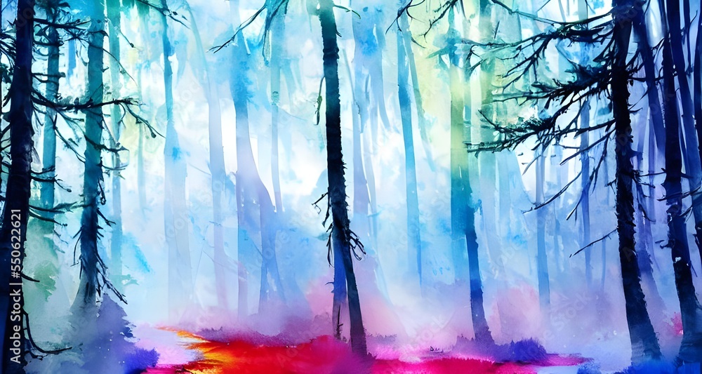 In this picture, a colorful winter forest is depicted in watercolor ...