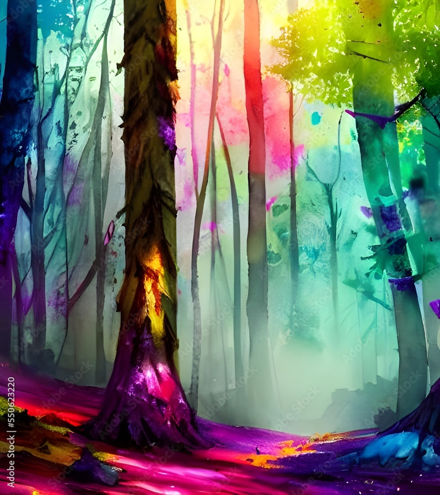In this forest watercolor, the colors are very bold and vibrant. The ...