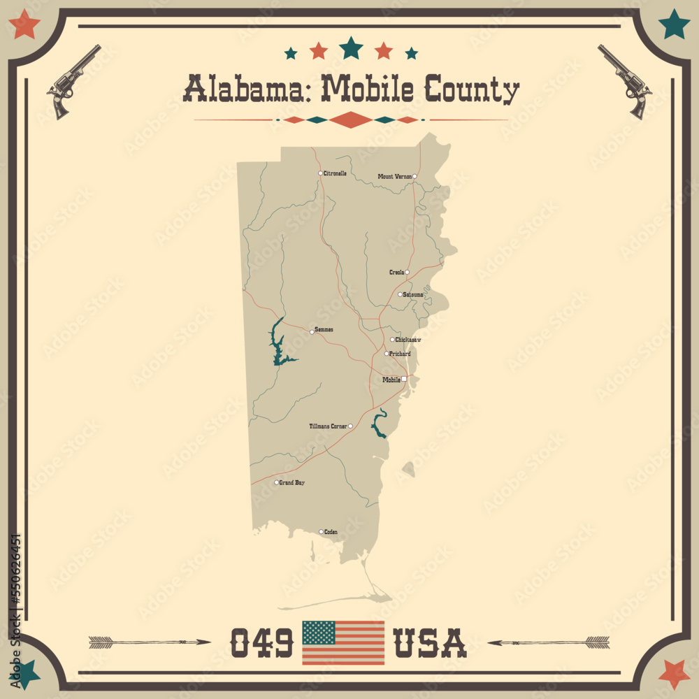 Large and accurate map of Mobile county, Alabama, USA with vintage ...